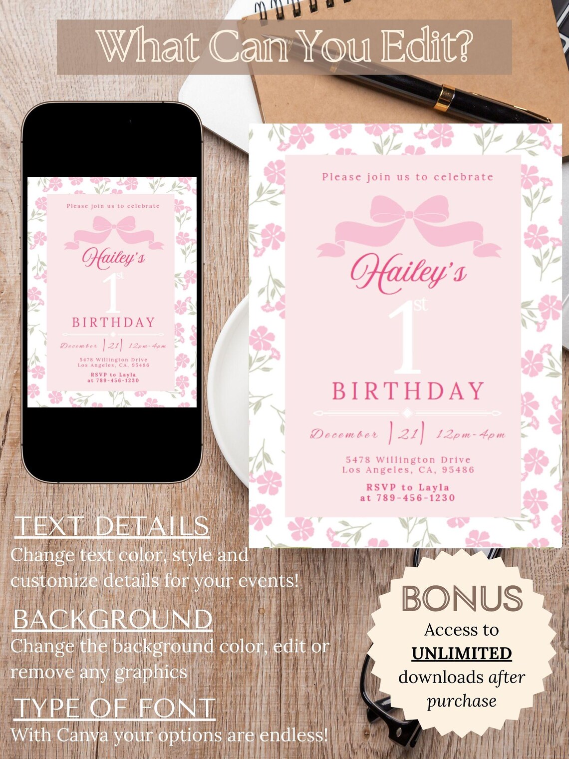 Editable Pink Ribbon Birthday Invite, Pink Bow 1st Birthday Invite, Our ...