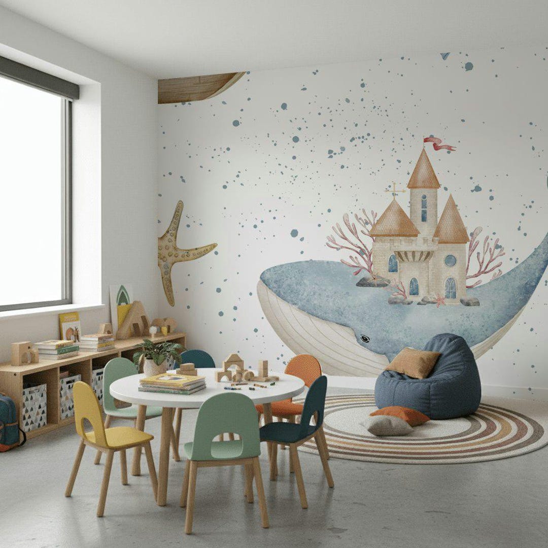 Watercolor Whale Castle Kids Wallpaper, Nautical Nursery, Peel & Stick ...