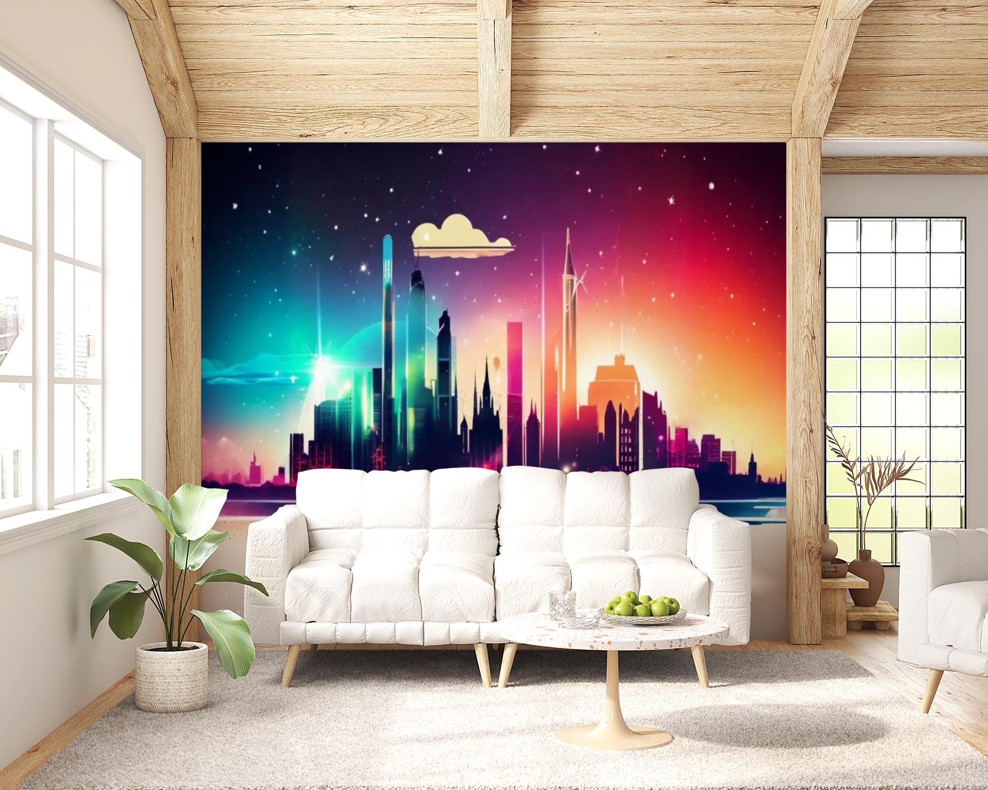 Futuristic Neon Skyline Wallpaper Vibrant Urban Nightscape Art Bold ...