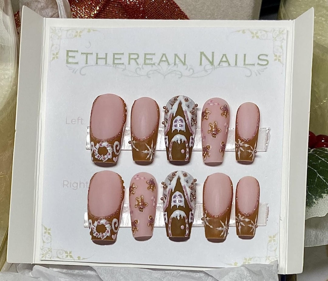 Pink and Brown Gingerbread Cute Holiday Press-on Nail Set | Coffin ...