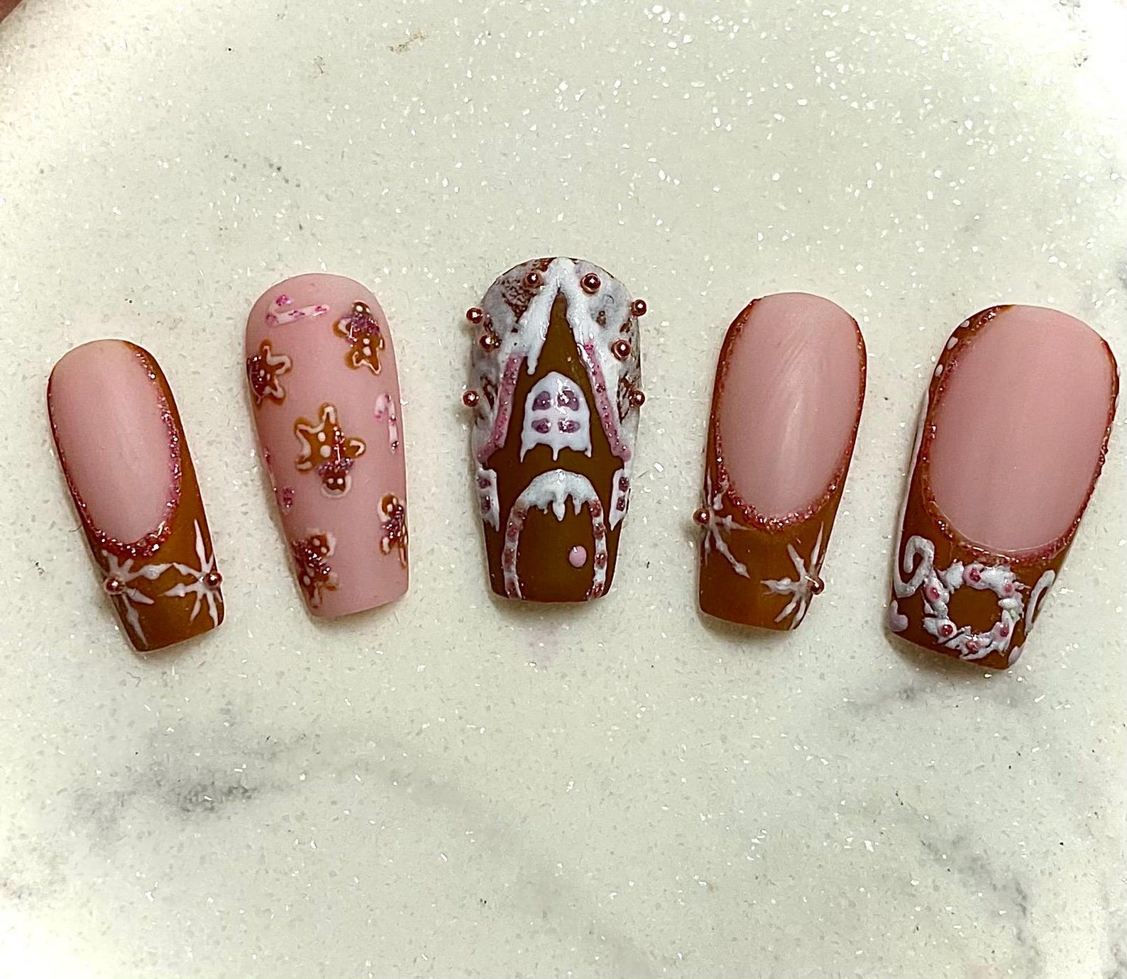 Pink and Brown Gingerbread Cute Holiday Press-on Nail Set | Coffin ...