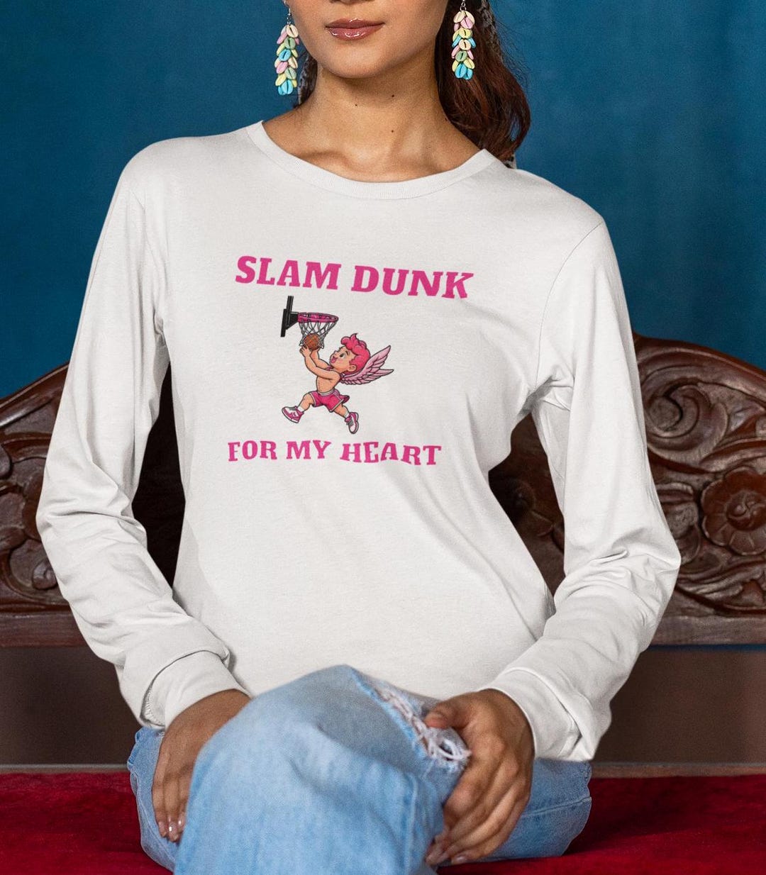 Valentine's Day Cupid Dunking T-shirt, Heart Slam Dunk Tee, Unisex Long ...