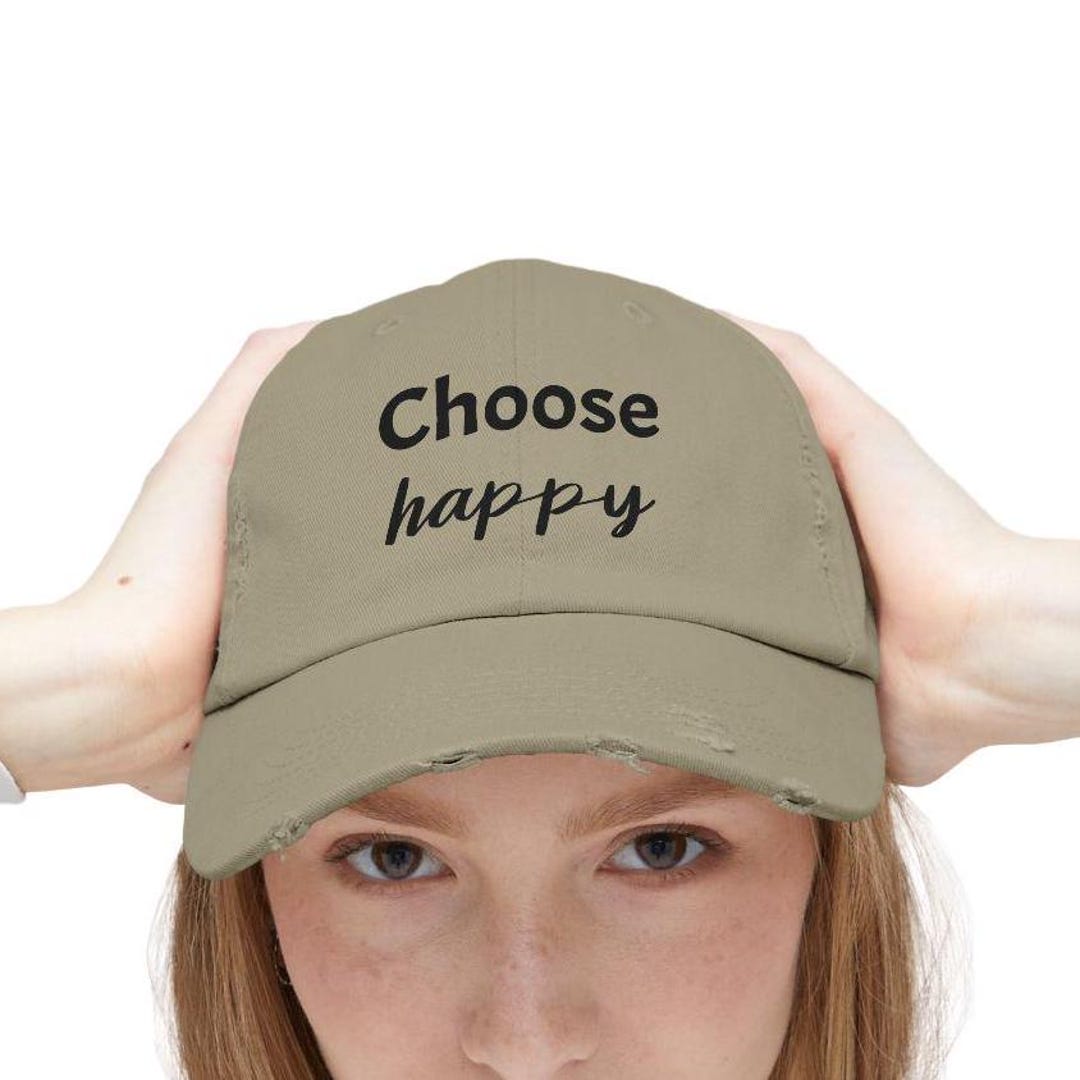 Distressed Cap, Choose Happy Hat, Beige Baseball Cap, Vintage Style Dad ...