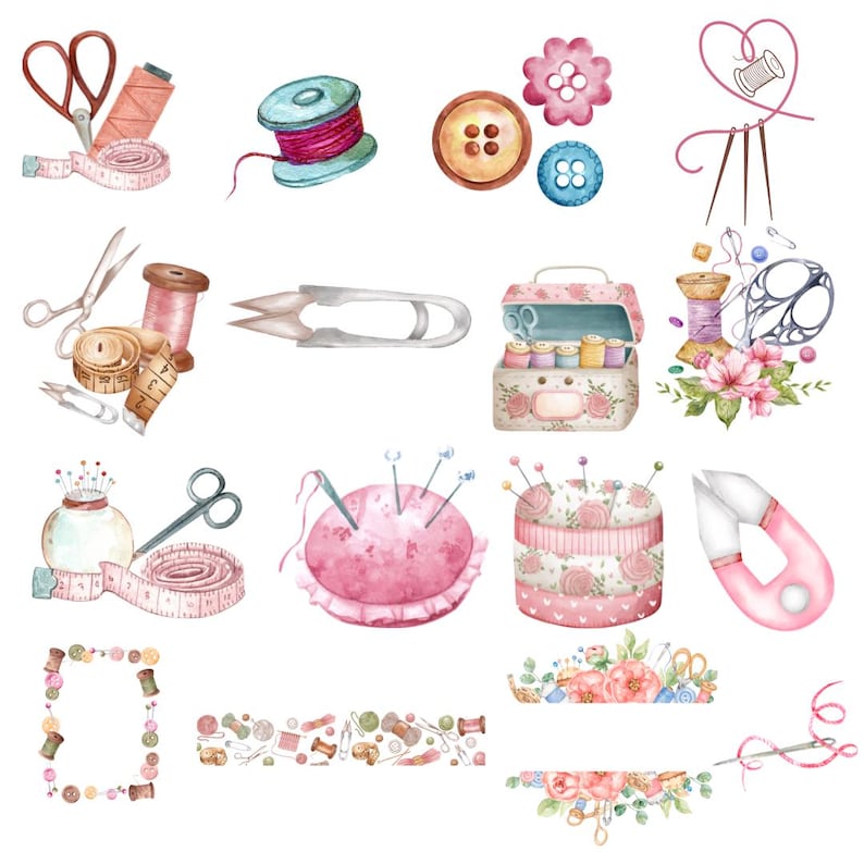 Watercolor Sewing Clipart: 90 PNG Designs for Crafters (digital ...