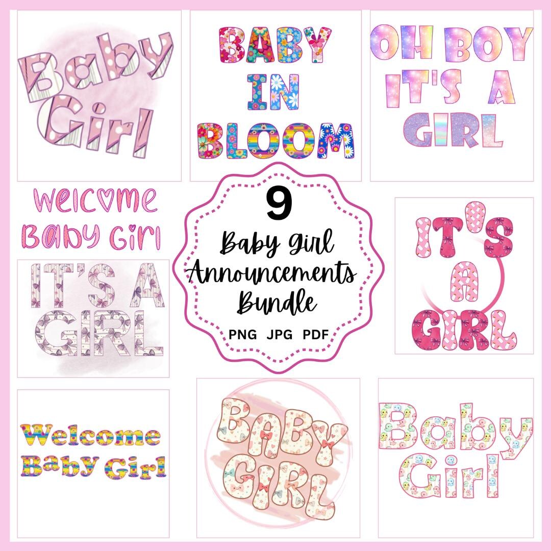 Baby Girl Announcement Templates | Printable Bundle (digital Download ...