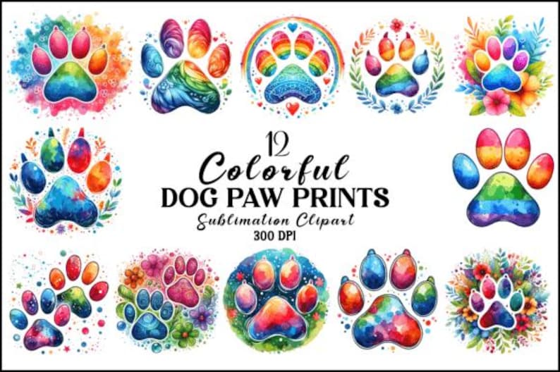 Colorful Dog Paw Prints Clipart Digital Download - Etsy