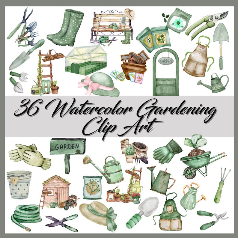 Watercolor Gardening Clipart: 36 PNG Illustrations (digital Download ...
