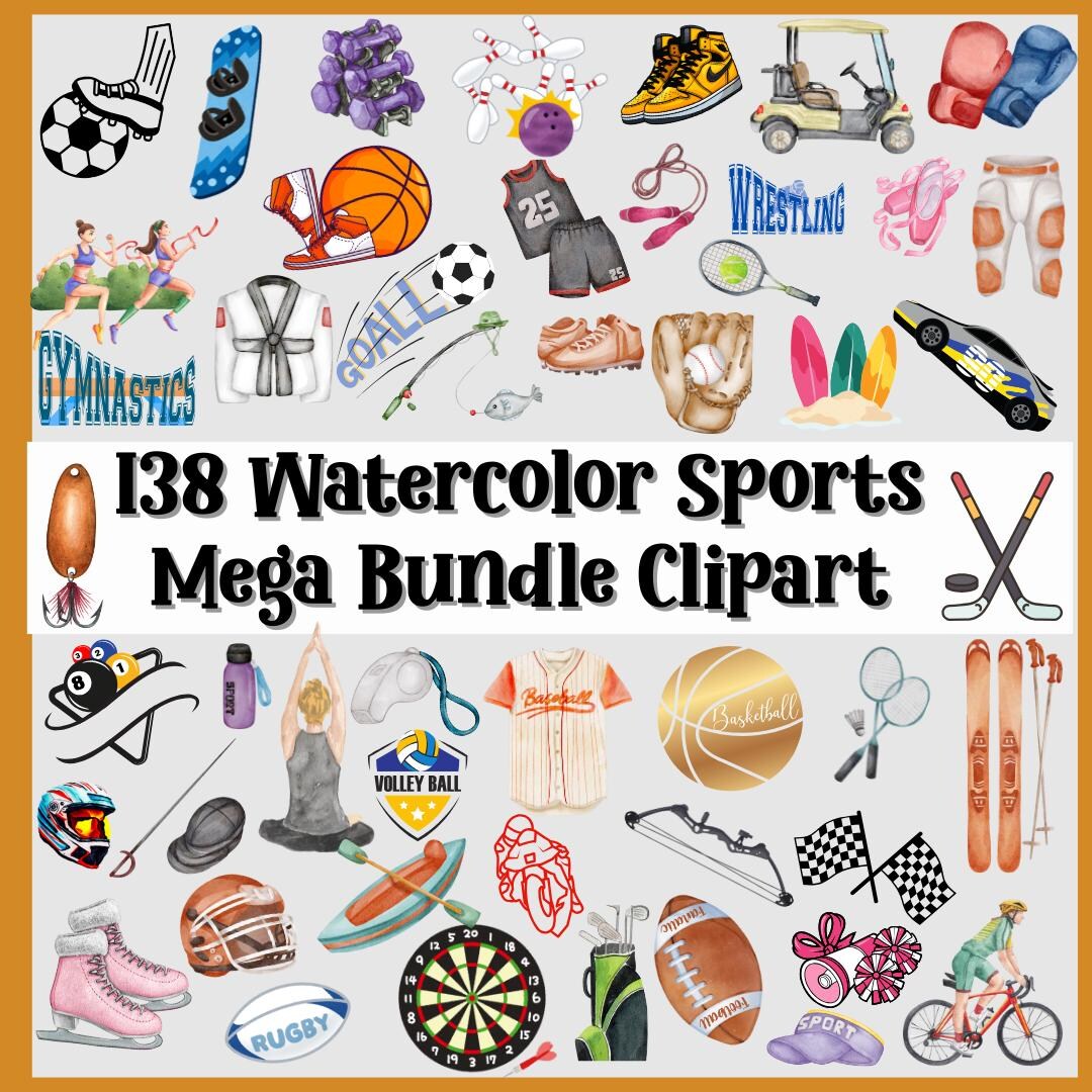 Watercolor Sports Clipart Bundle: 138 PNG Designs (digital Download - Etsy