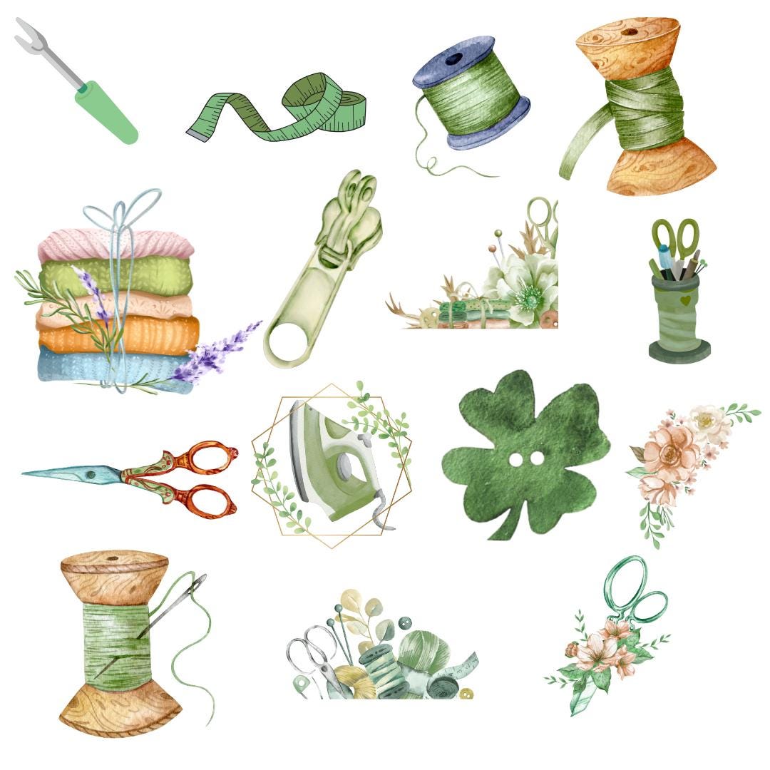 Watercolor Sewing Clipart: 90 PNG Designs for Crafters (digital ...