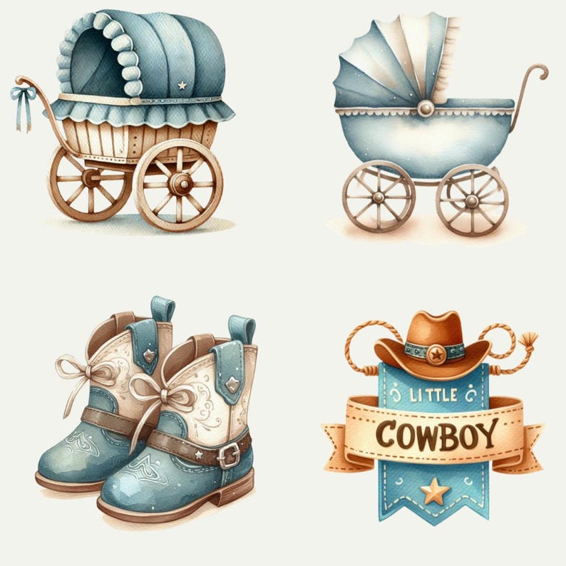 Watercolor Cowboy Baby Shower Clipart: 26 Blue PNG Graphics (digital ...