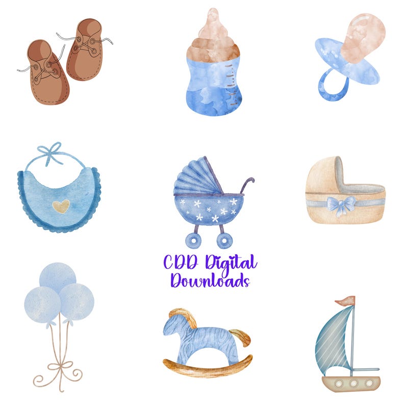 Watercolor Blue & Brown Baby Shower Digital Download PNG Clipart - Baby ...
