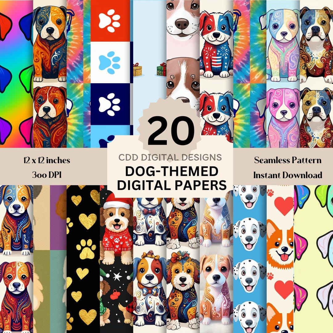 20 Dog-themed Digital Papers: Seamless Patterns (PNG Files) (digital ...