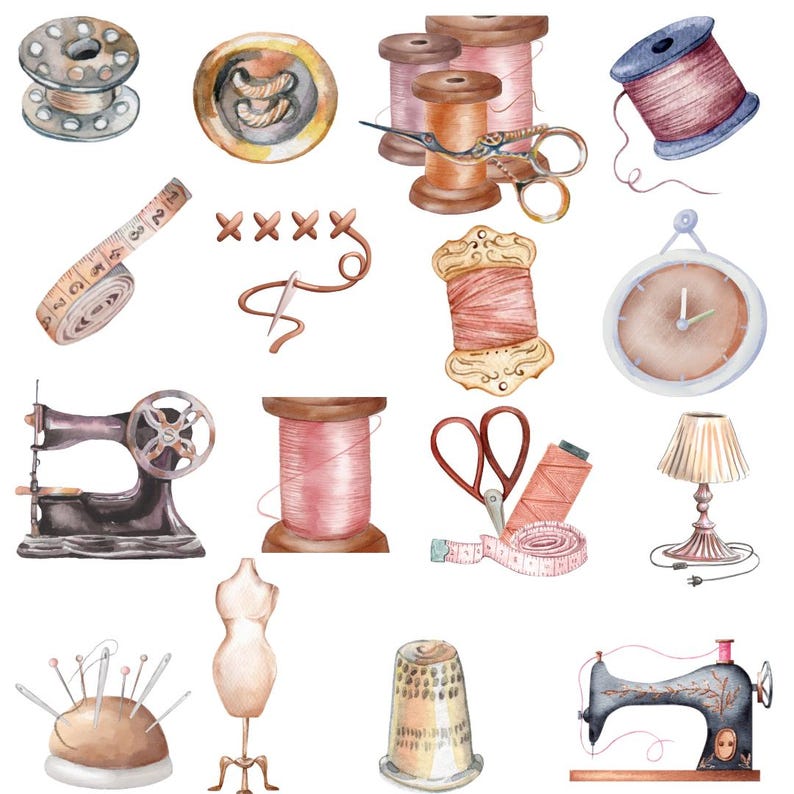 Watercolor Sewing Clipart: 90 PNG Designs for Crafters (digital ...