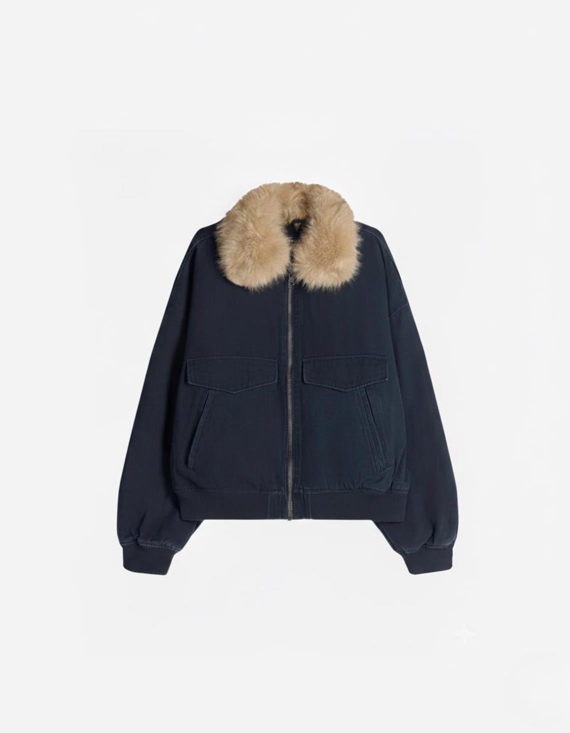 Canvas Bomber Jacket With Faux Fur Collar – Boxy Fit Aviator Workwear ...