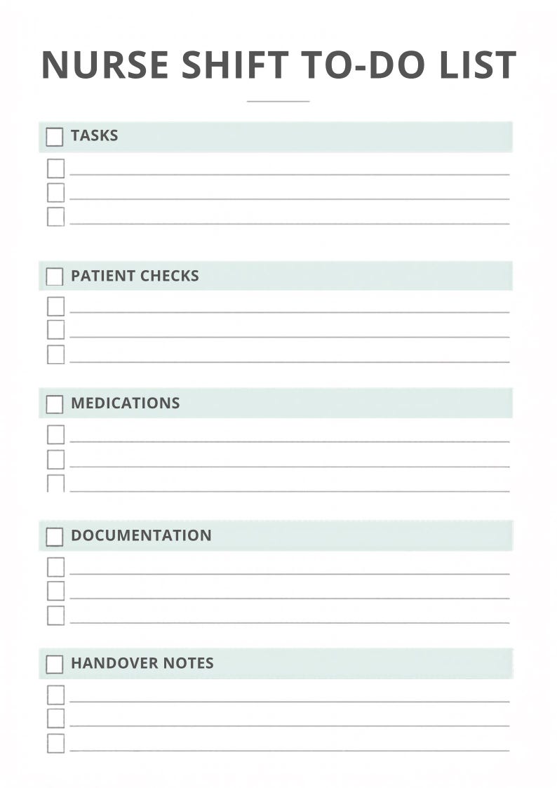 Nursing Shift to Do List Nurse Organization for Shift Work RN LPN PMHNP ...