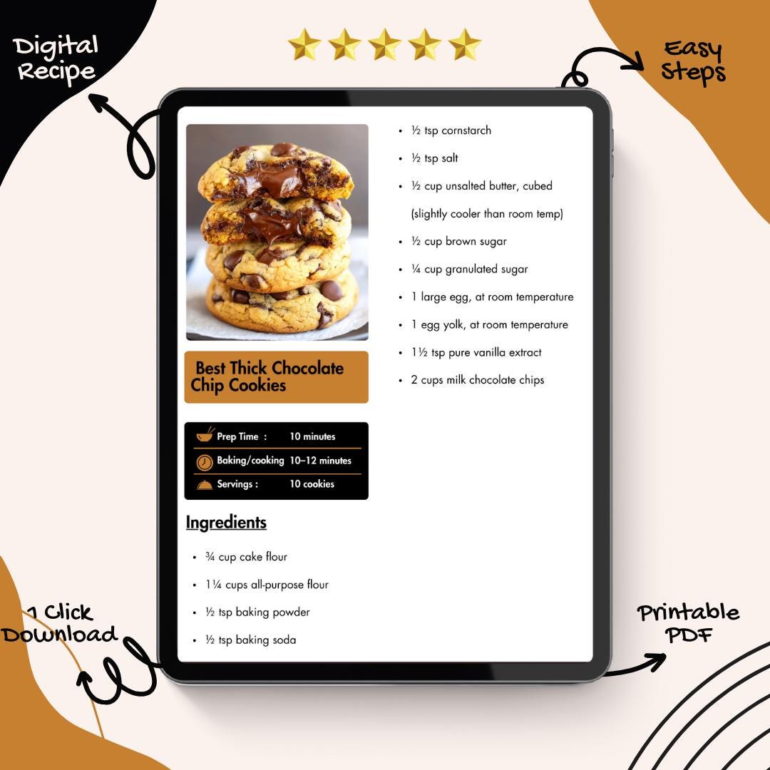 BEST RECIPE of Thick Chocolate Chip Cookies : Printable PDF (instant ...