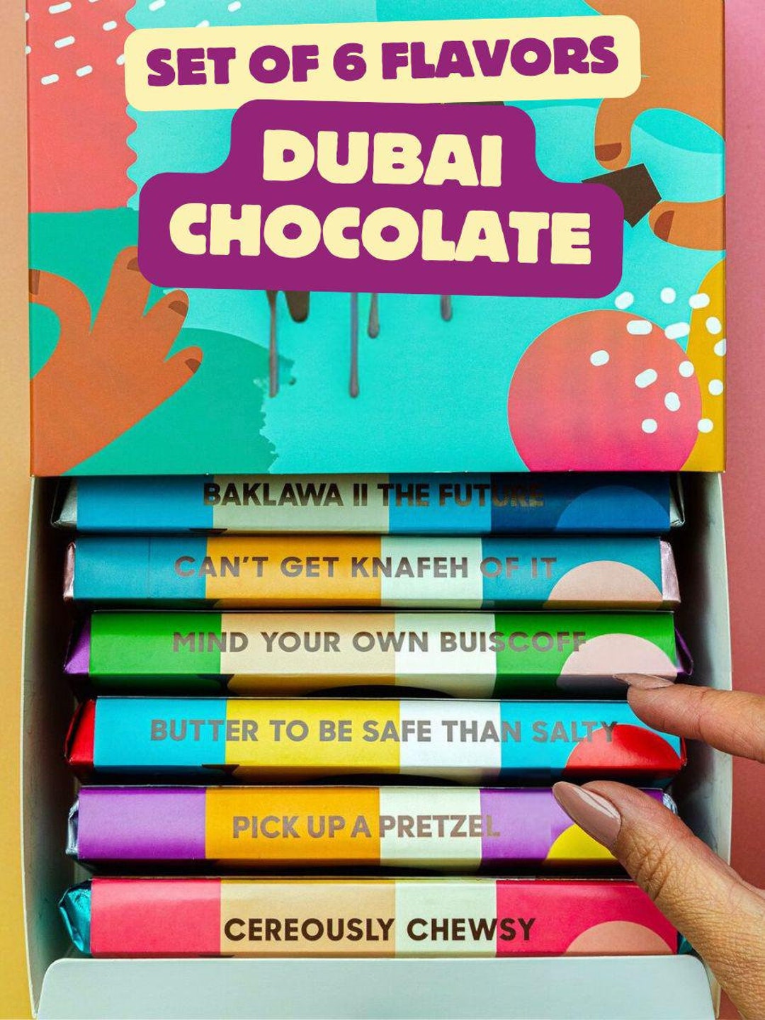 Authentic Dubai Chocolate Fix Dessert Chocolatier - Set of 6 Bars in a ...