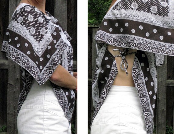 70s - 80s CALICO HANDKERCHIEF, LACE detail open-tie-s… - Gem