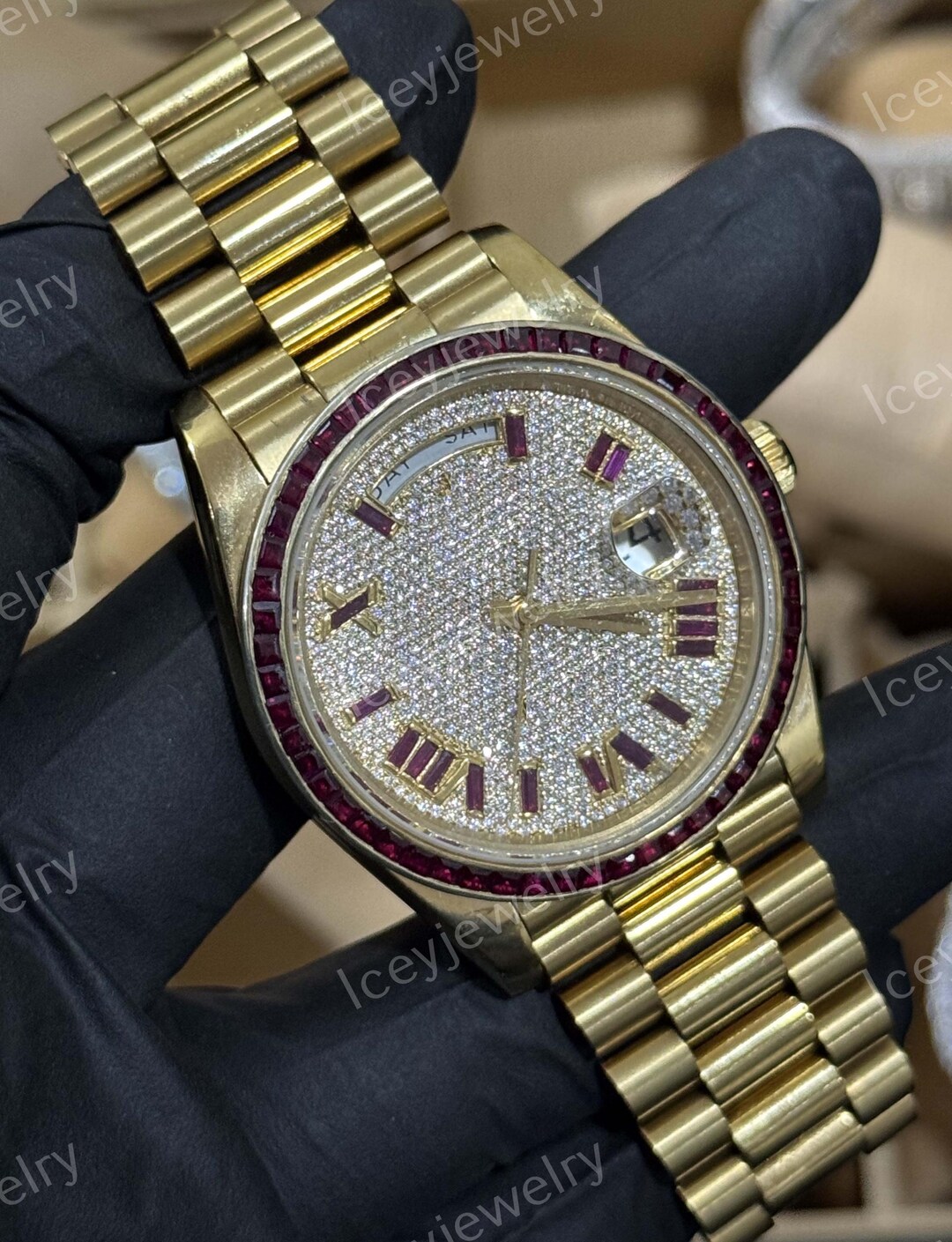Lab Grown Ruby & Moissanite Diamond Watch, Round Cut Iced Out Watch for ...