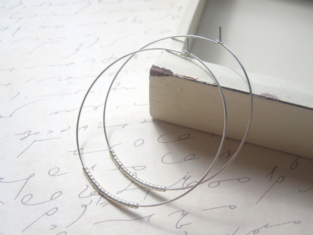 Silver Seed Bead Hoop Earrings, Large Gold Plated Earrings, Hoop ...