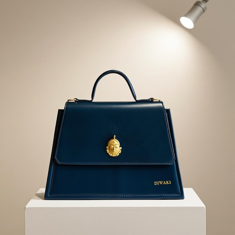 Leather Satchel Handbag, Gold African Emblem Purse for Women, Genuine ...