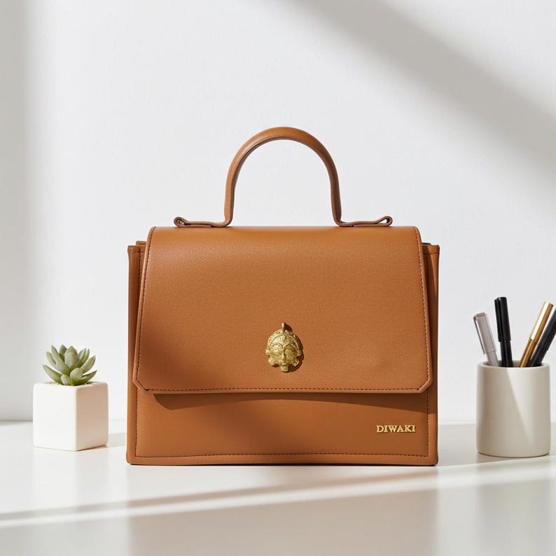 Leather Satchel Handbag, Gold African Emblem Purse for Women, Genuine ...
