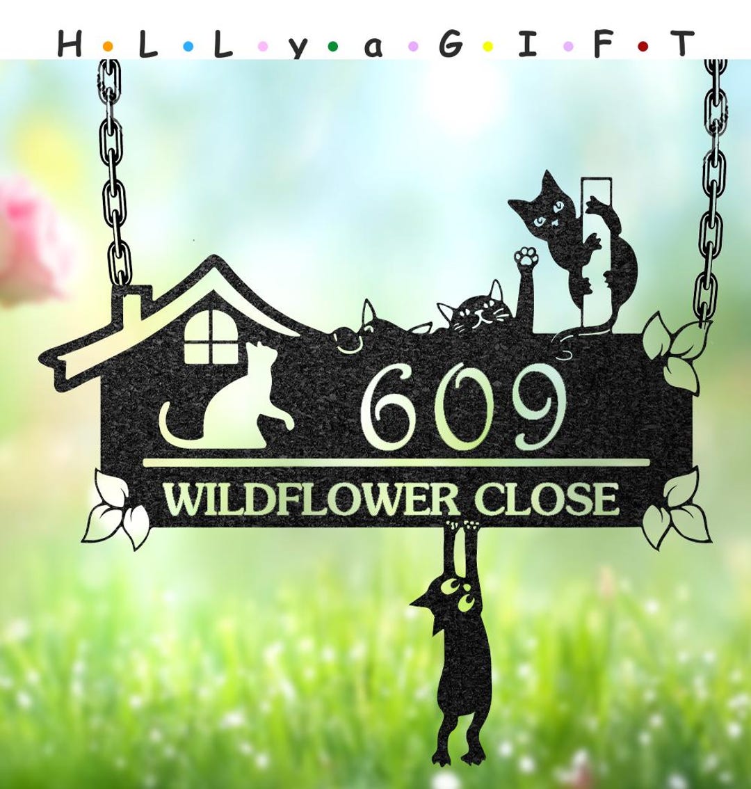 Personalized Cat Address Sign, Custom House Number Plaque, Cat Lover ...