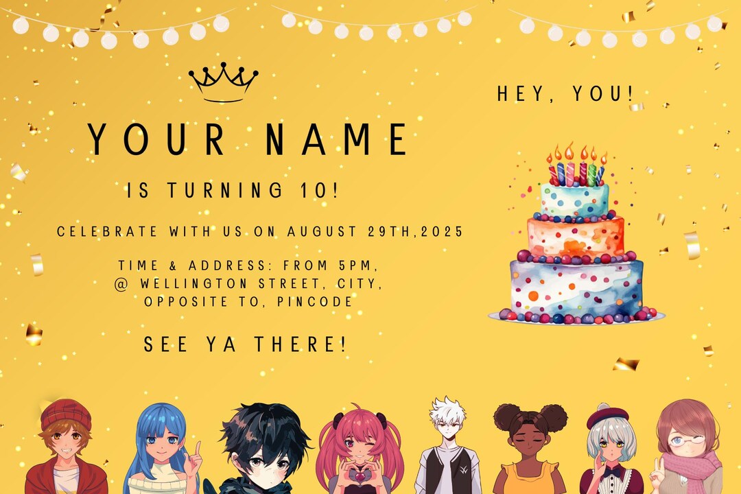 Anime Birthday Invitation, Birthday Invite for Young Children, Birthday ...