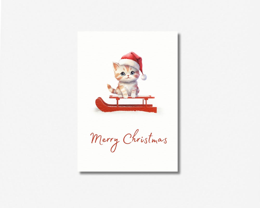 Merry Christmas Card, Cute Cat on Sled Design Christmas Card, Cute ...