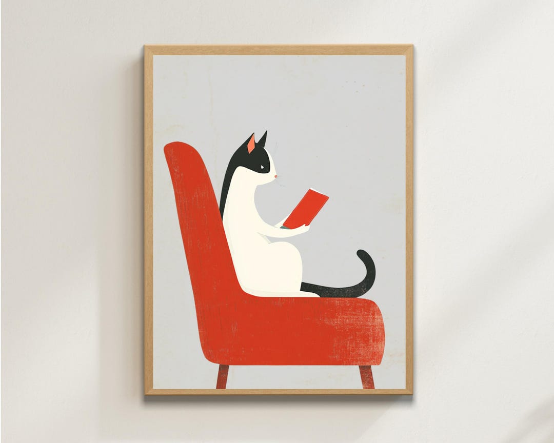Cat Reading a Book Wall Art, Library Decor, Funny Cat Wall Art ...