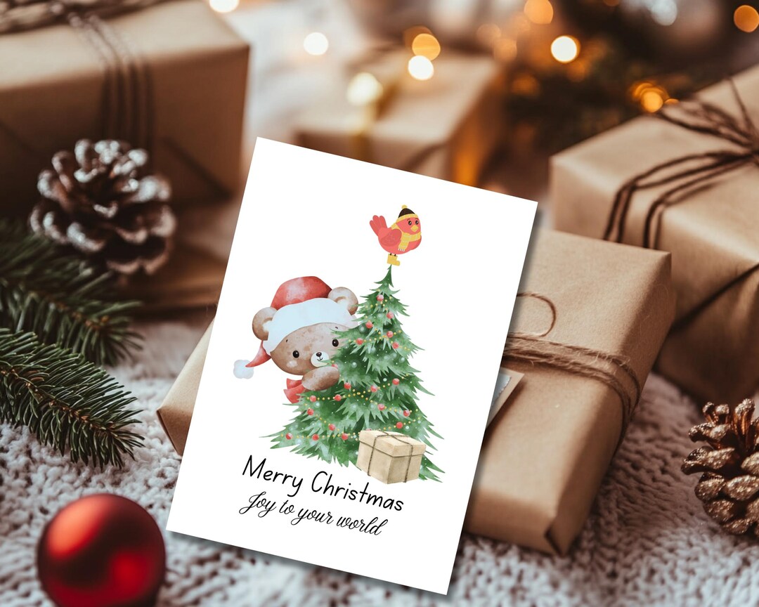 Merry Christmas Card, Adorable Little Bear Christmas Card, Cute Animal ...