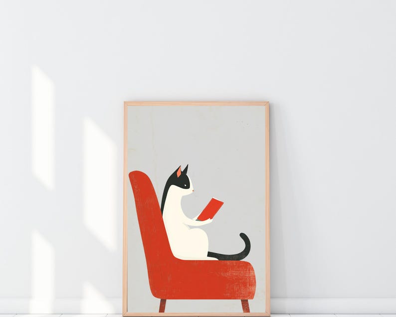 Cat Reading a Book Wall Art, Library Decor, Funny Cat Wall Art ...