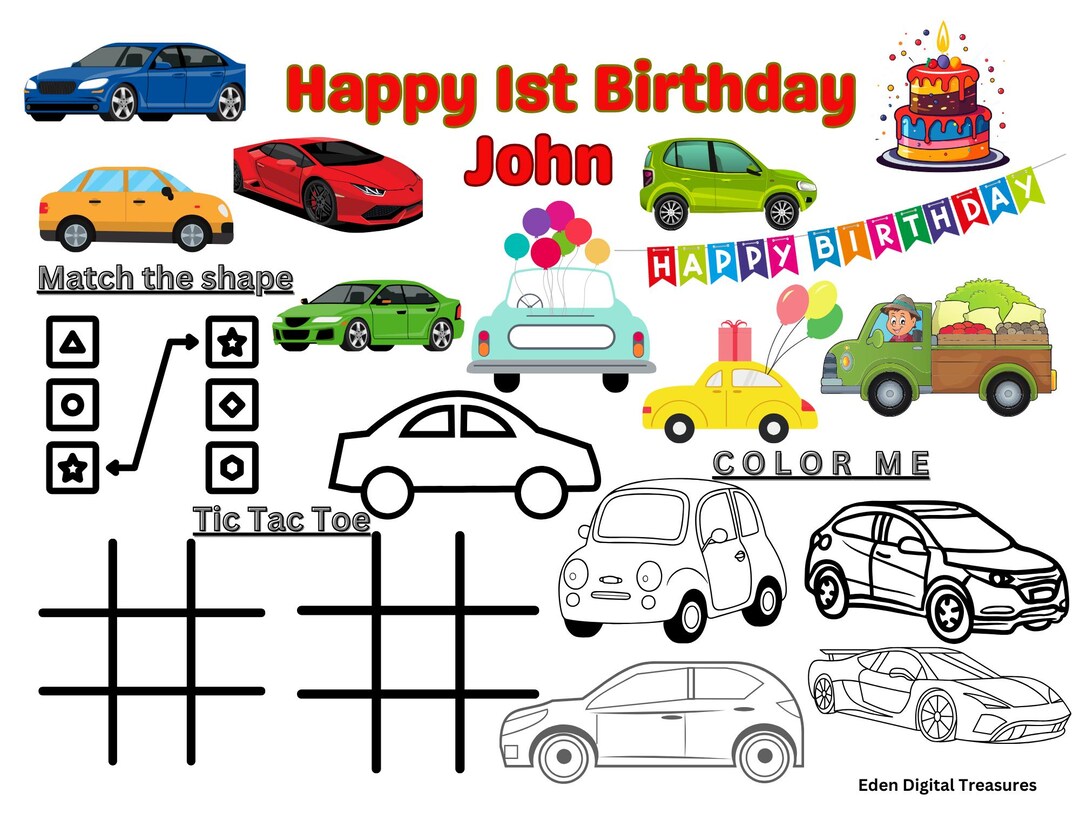 Personalized Cars Themed Birthday Party Placemat Activity Sheet ...