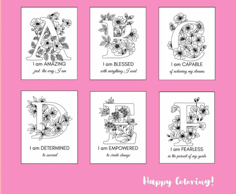 Illustrated Alphabet Coloring Pages With Affirmations - Digital ...