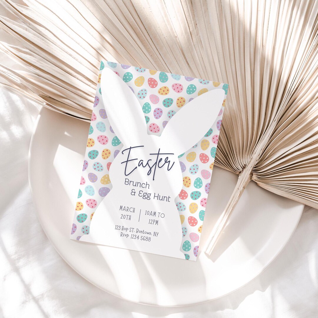 Colorful Easter Egg Invitation Template | White Easter Bunny ...