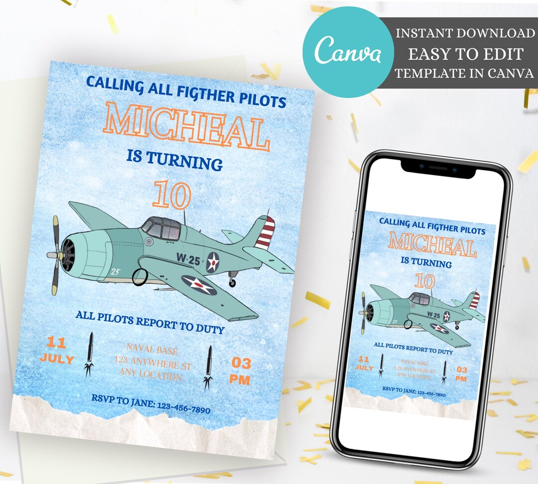Editable Airplane Party Invite, Blue Skies Blue Airplane Invitation ...