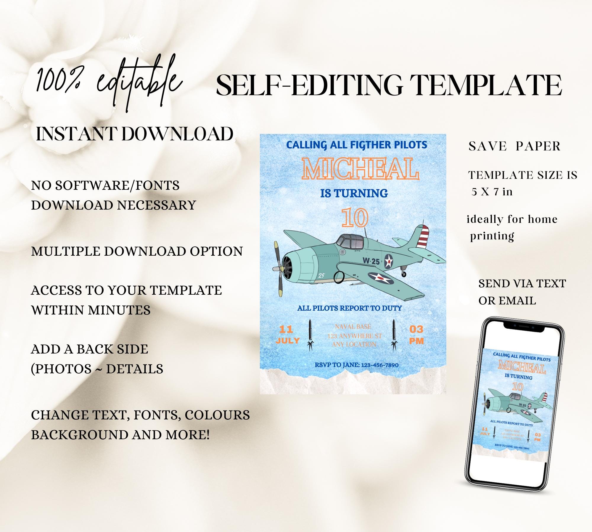 Editable Airplane Party Invite, Blue Skies Blue Airplane Invitation ...