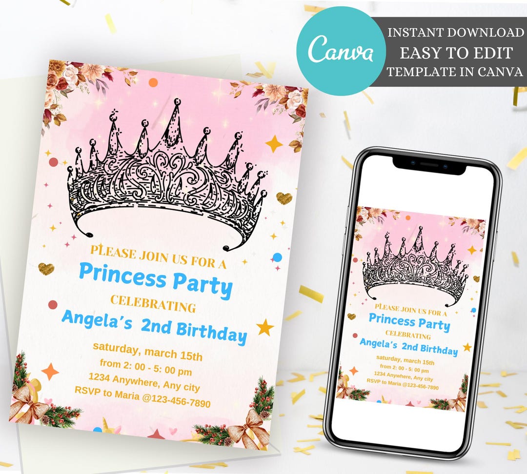 Editable Princess Birthday Invitation, Princess Crown Birthday ...