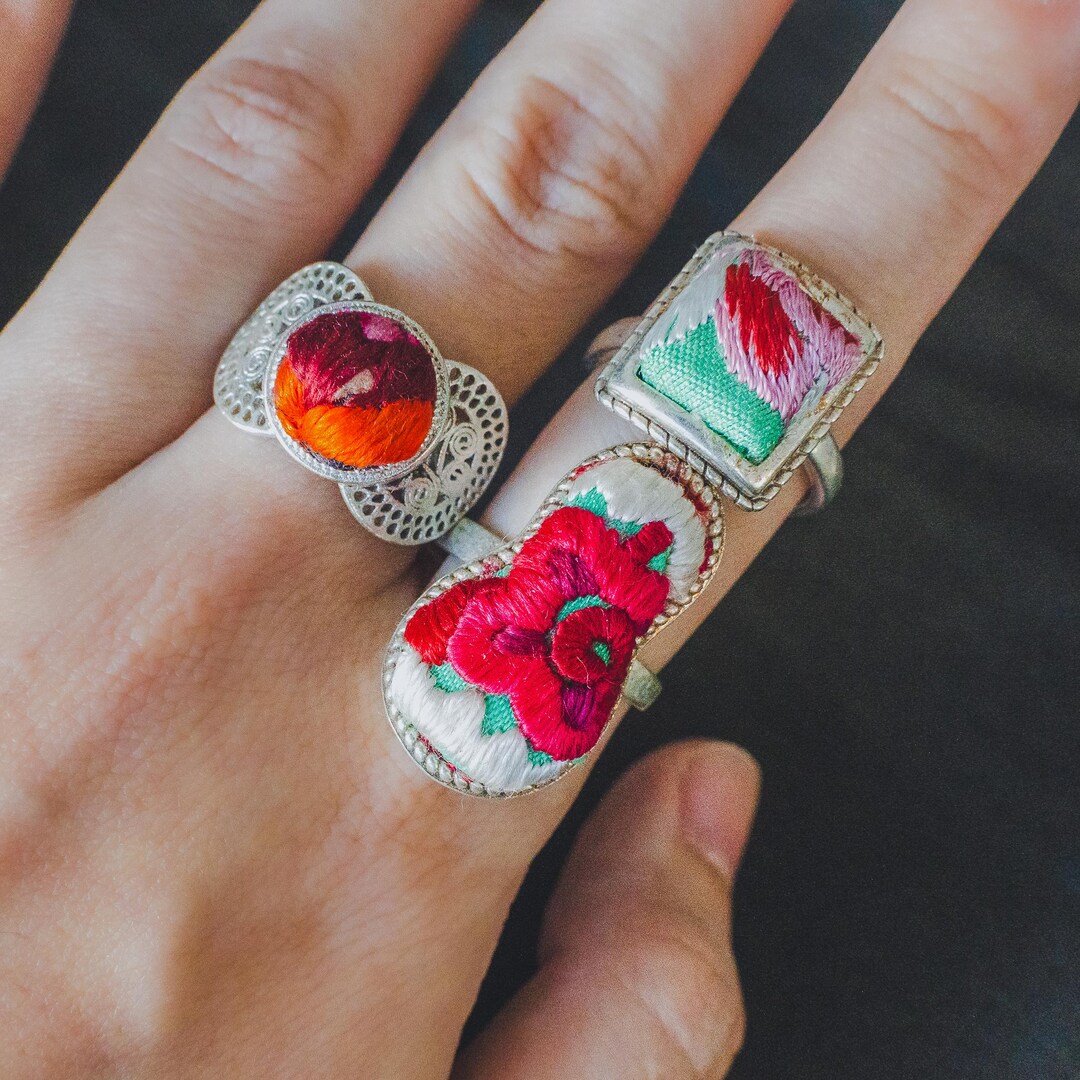 Miao Embroidered Adjustable Rings - Vibrant Floral, Peanut and Filigree ...