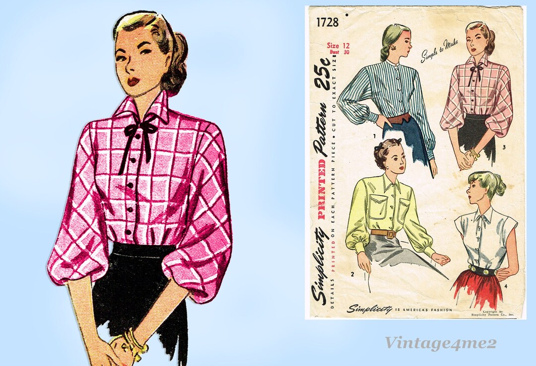 Simplicity 1728: 1940s Cute Post WWII Misses Blouse Vintage Sewing ...