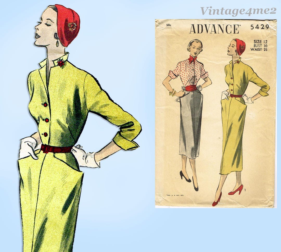 1950s Vintage Advance Sewing Pattern 5429: Uncut Day Dress (size 30 B ...