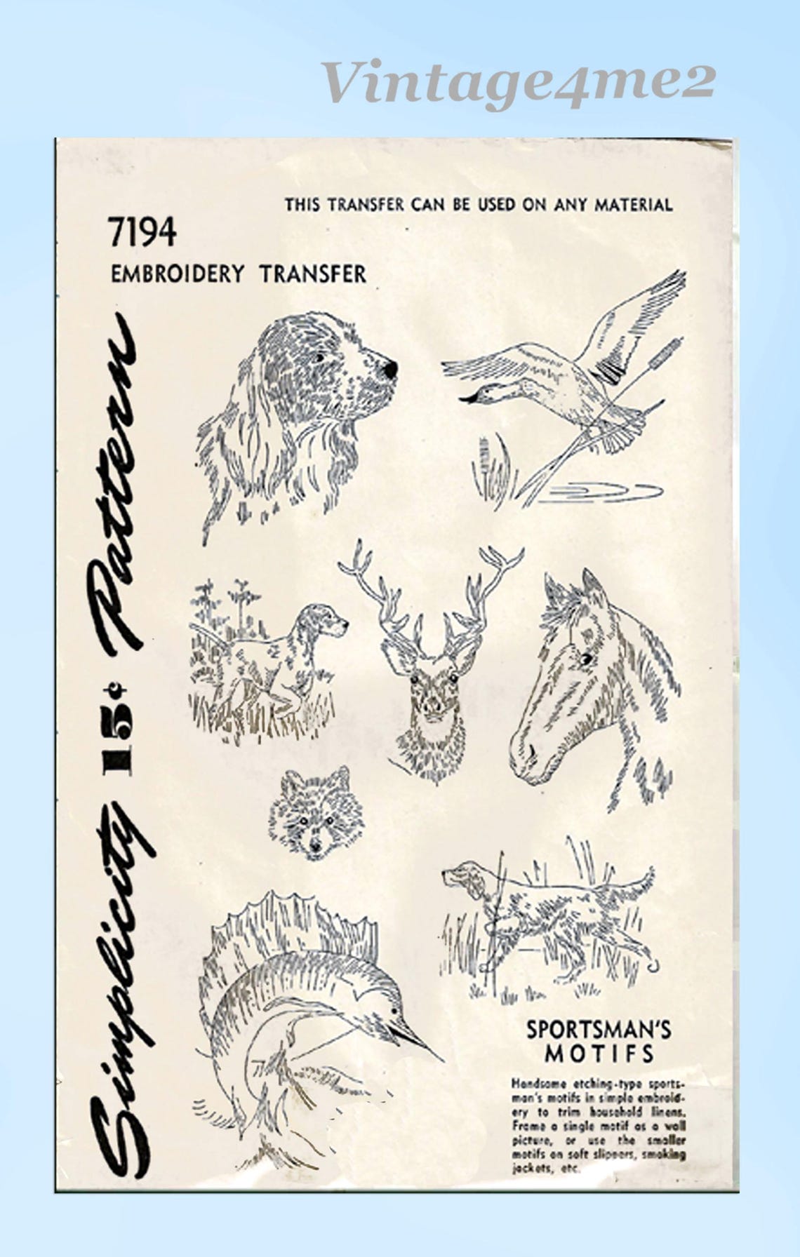 1940s Vintage Simplicity Embroidery Transfer 7194 Uncut Fishing Hunting ...