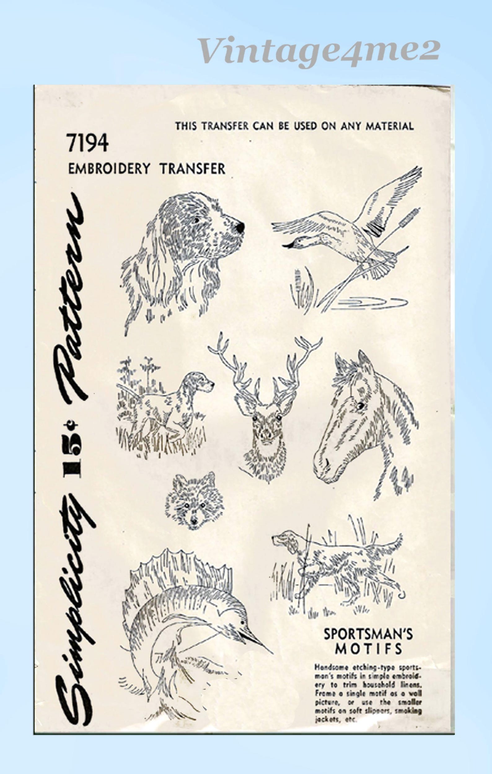 1940s Vintage Simplicity Embroidery Transfer 7194 Uncut Fishing Hunting ...