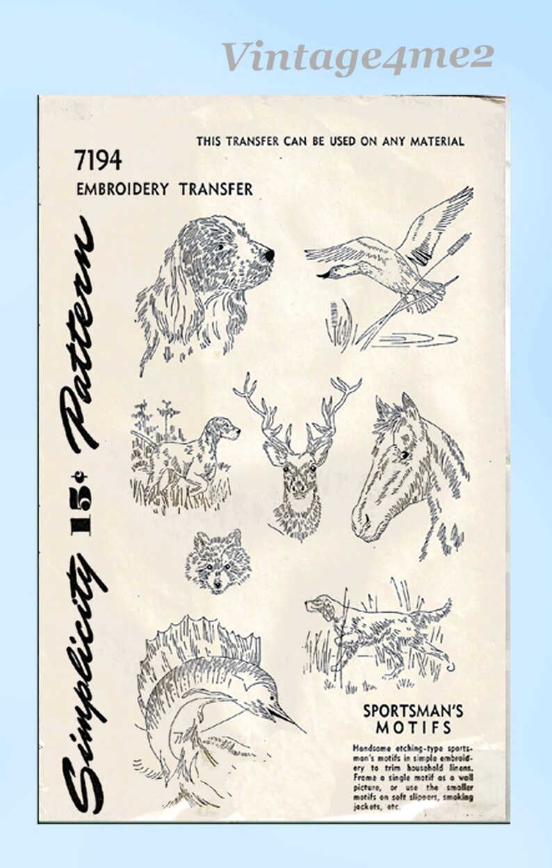 1940s Vintage Simplicity Embroidery Transfer 7194 Uncut Fishing Hunting ...