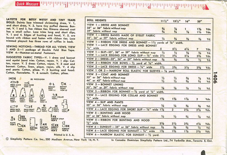 1950s Vintage Simplicity Sewing Pattern 1406 16 Inch Tiny Tears Doll ...