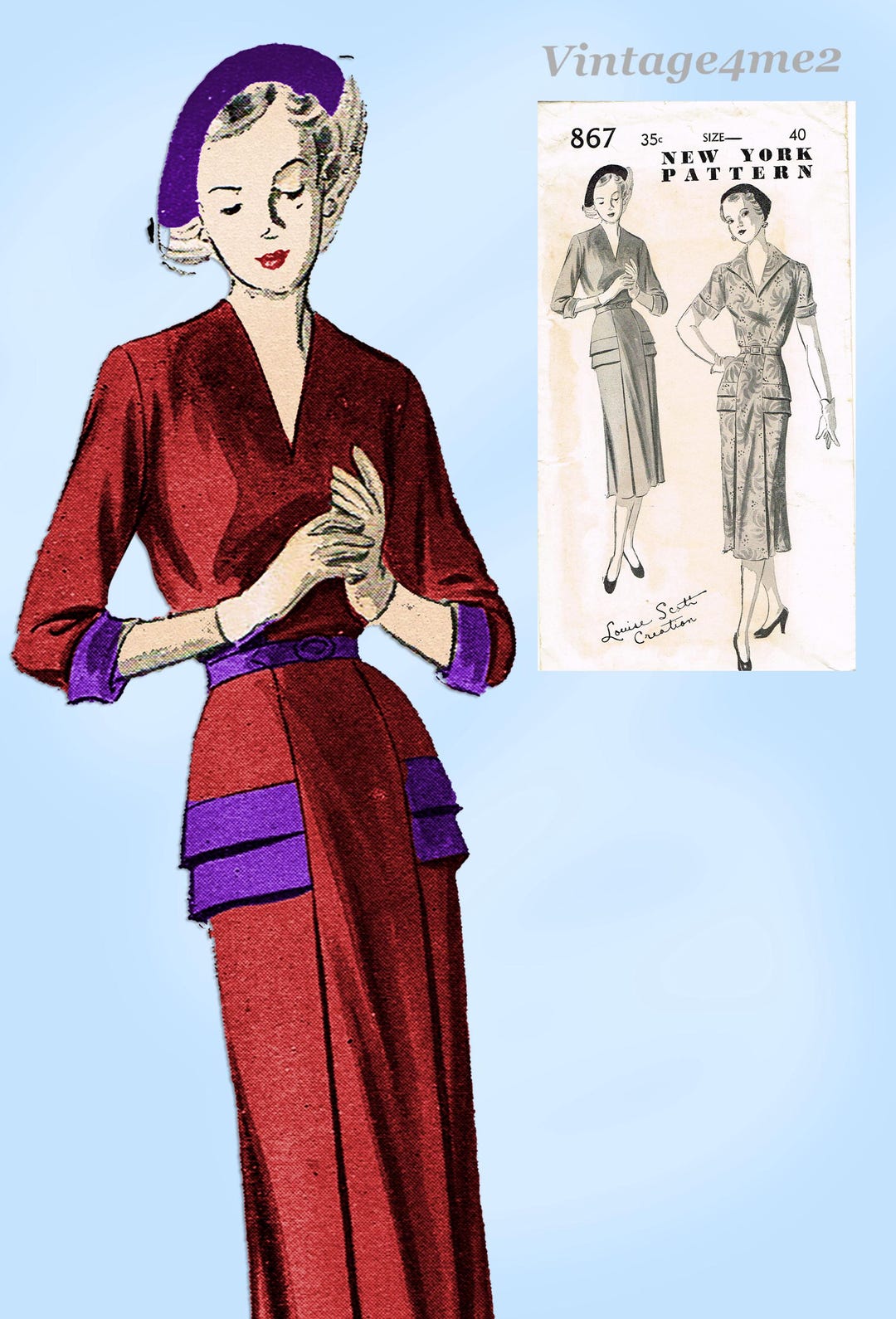 New York 867: 1950s Uncut Plus Size Designer Dress 40 B Vintage Sewing ...