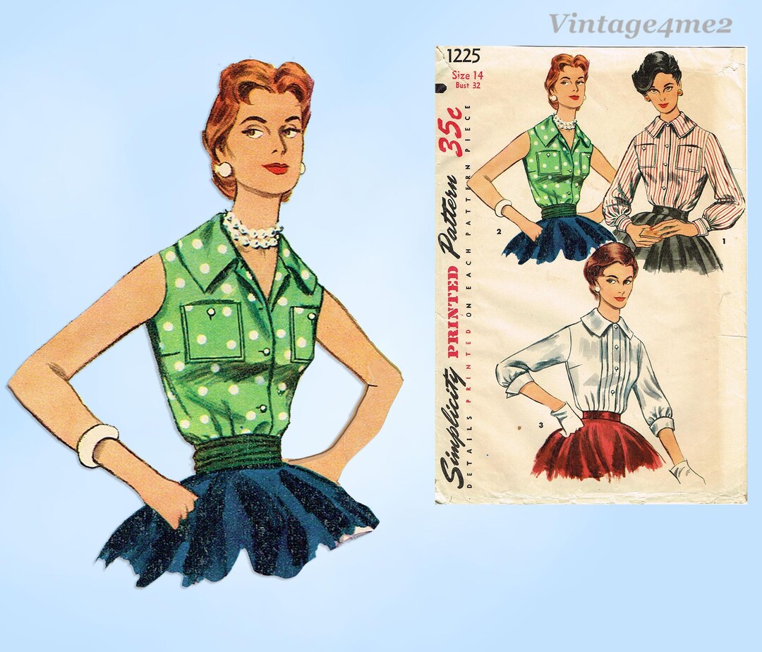 1950s Vintage Simplicity Sewing Pattern 1225 Misses Sleeveless Blouse ...
