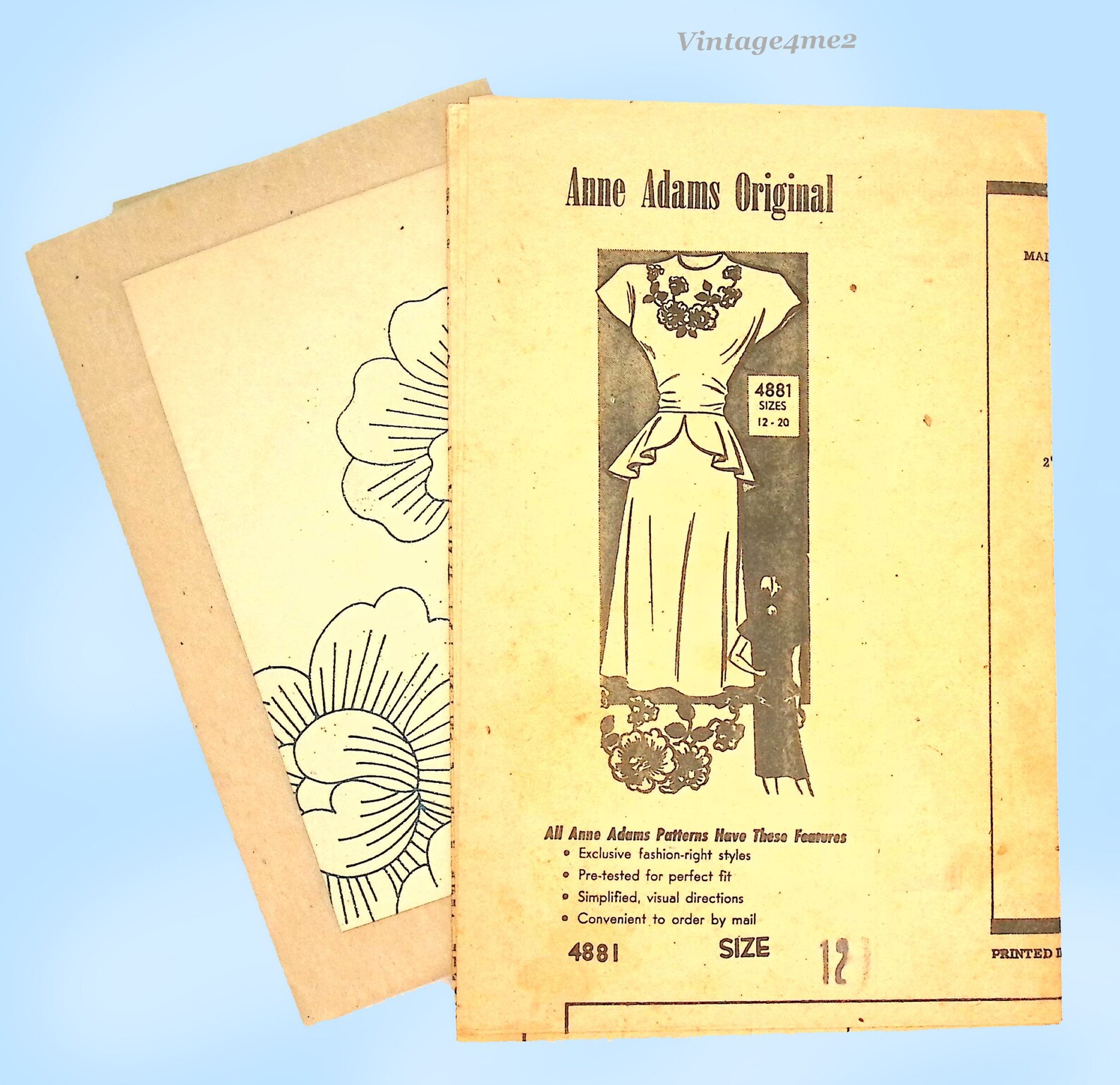 1940s Vintage Anne Adams Sewing Pattern 4881 Misses Peplum Dress Sz 30 ...