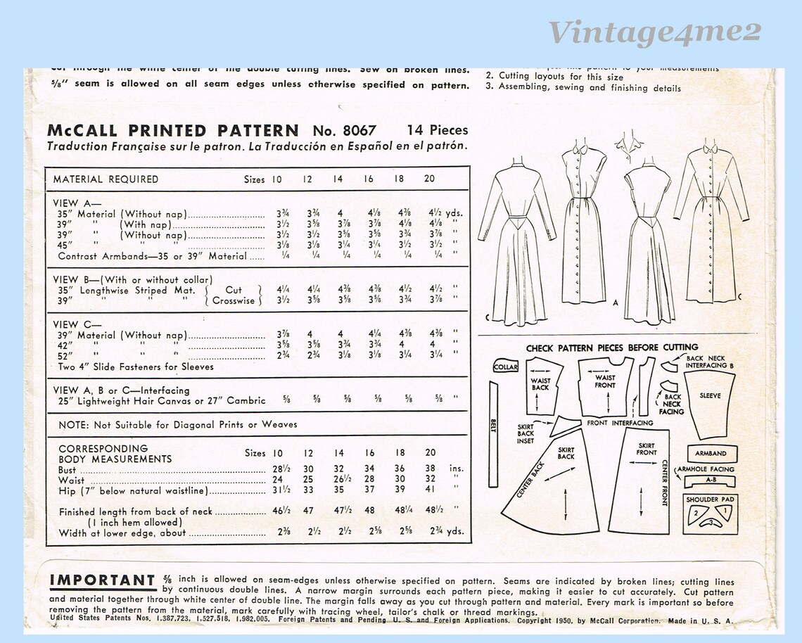 1950s Vintage Mccall Sewing Pattern 8067 Chic Afternoon Dress Sz 34 B ...