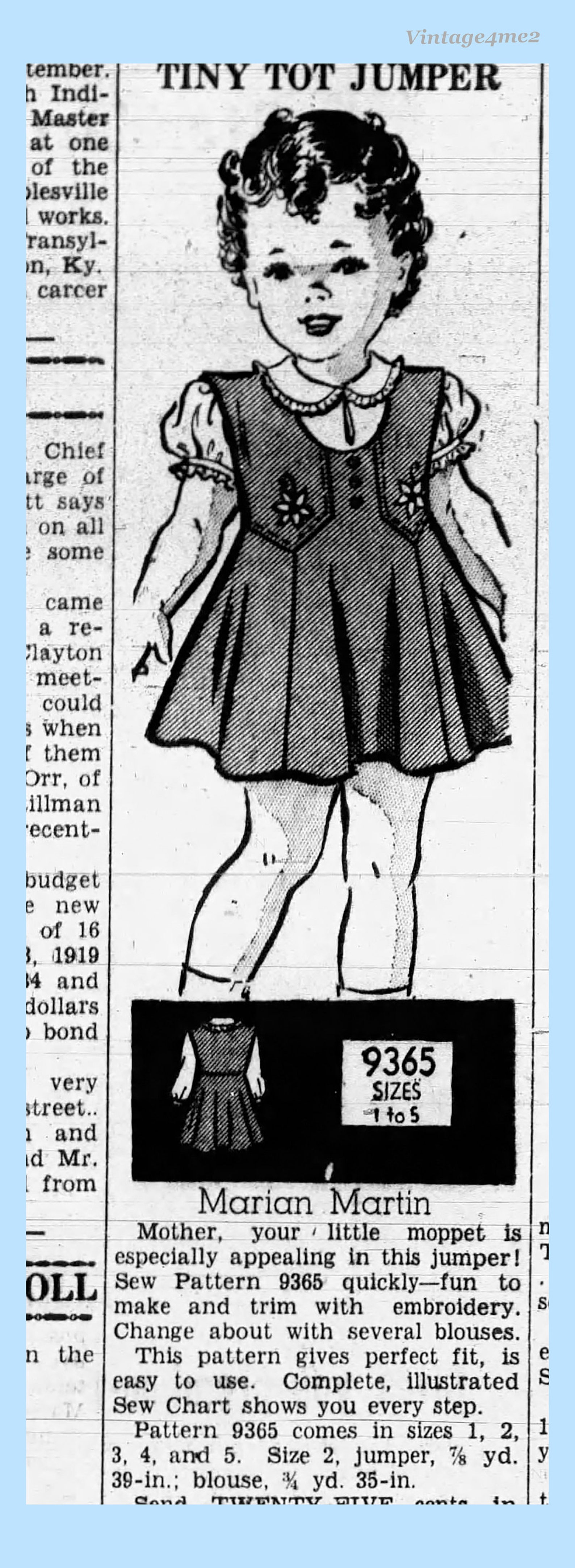 Marian Martin 9365: 1940s Toddler Girls Jumper and Blouse Vintage Sewing Pattern - Etsy